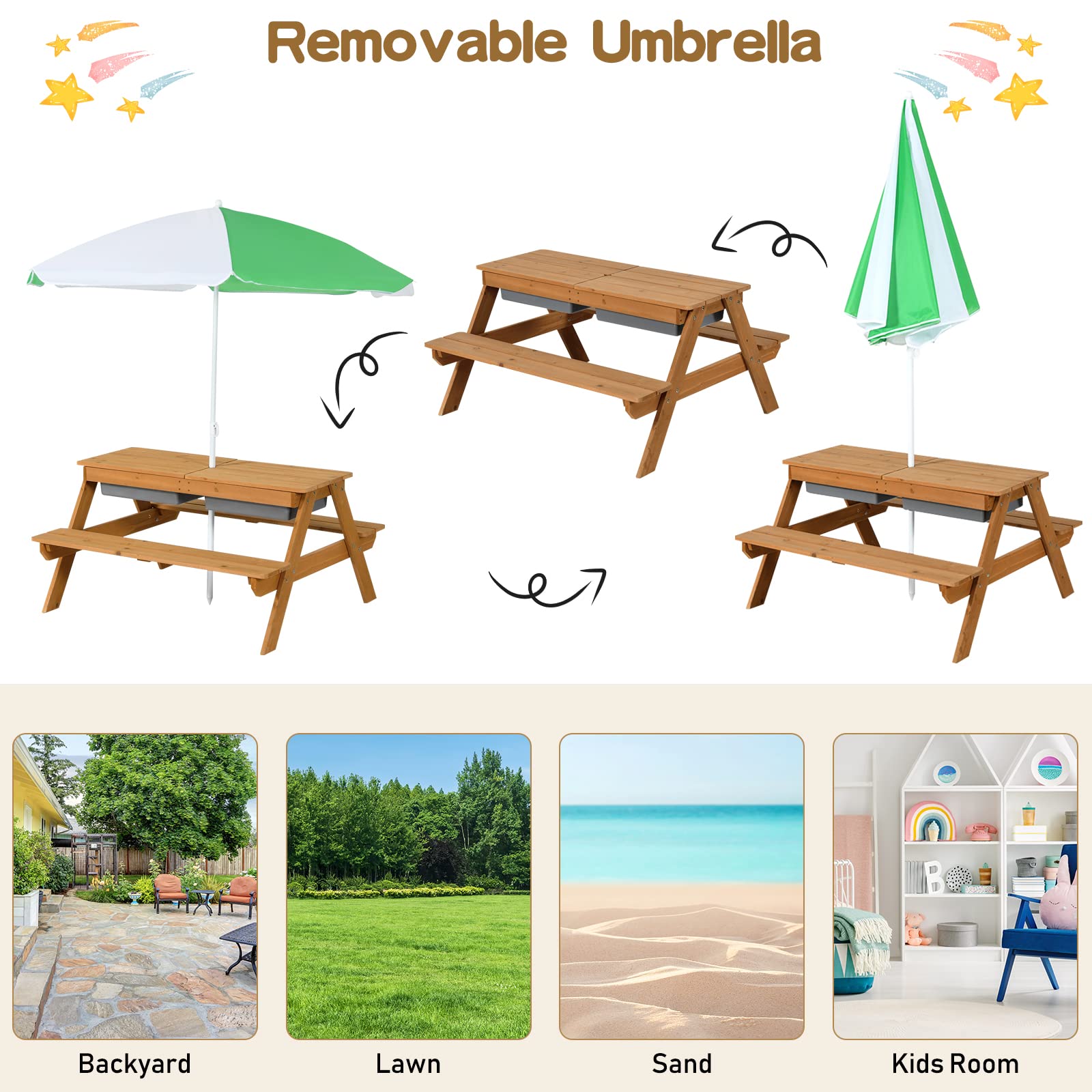 Costzon Kids Picnic Table, 3 in 1 Sand & Water Table w/Height Adjustable Umbrella, Removable Tabletop, Children Outdoor Toy Playset w/2 Play Boxes, Wooden Convertible Activity Play Table