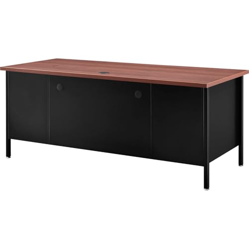 Global Industrial 72"W x 30"D Steel Teachers Desk, Mahogany Top with Black Frame