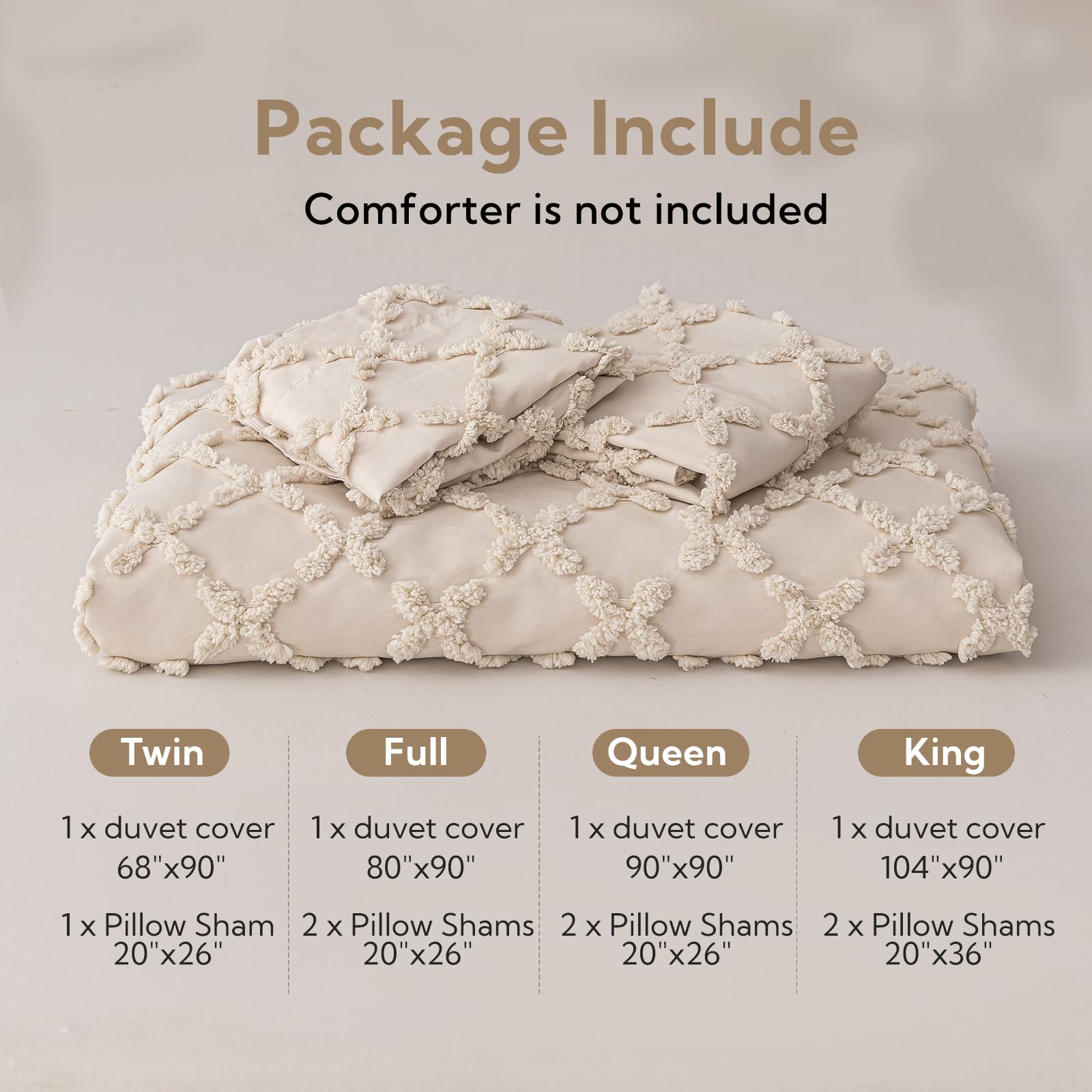 MILDLY Boho Duvet Cover King Size, 3 Pieces Shabby Chic Khaki King Size Comforter Cover for Home, Soft Tufted Duvet Cover with Corner Ties & Zipper Closure-No Comforter