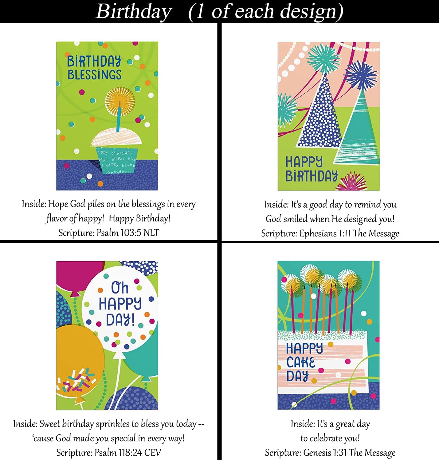 Birthday (No Repeated Cards) 32 Design Christian/Religious Greeting Card Assortment ~ Scripture in every card