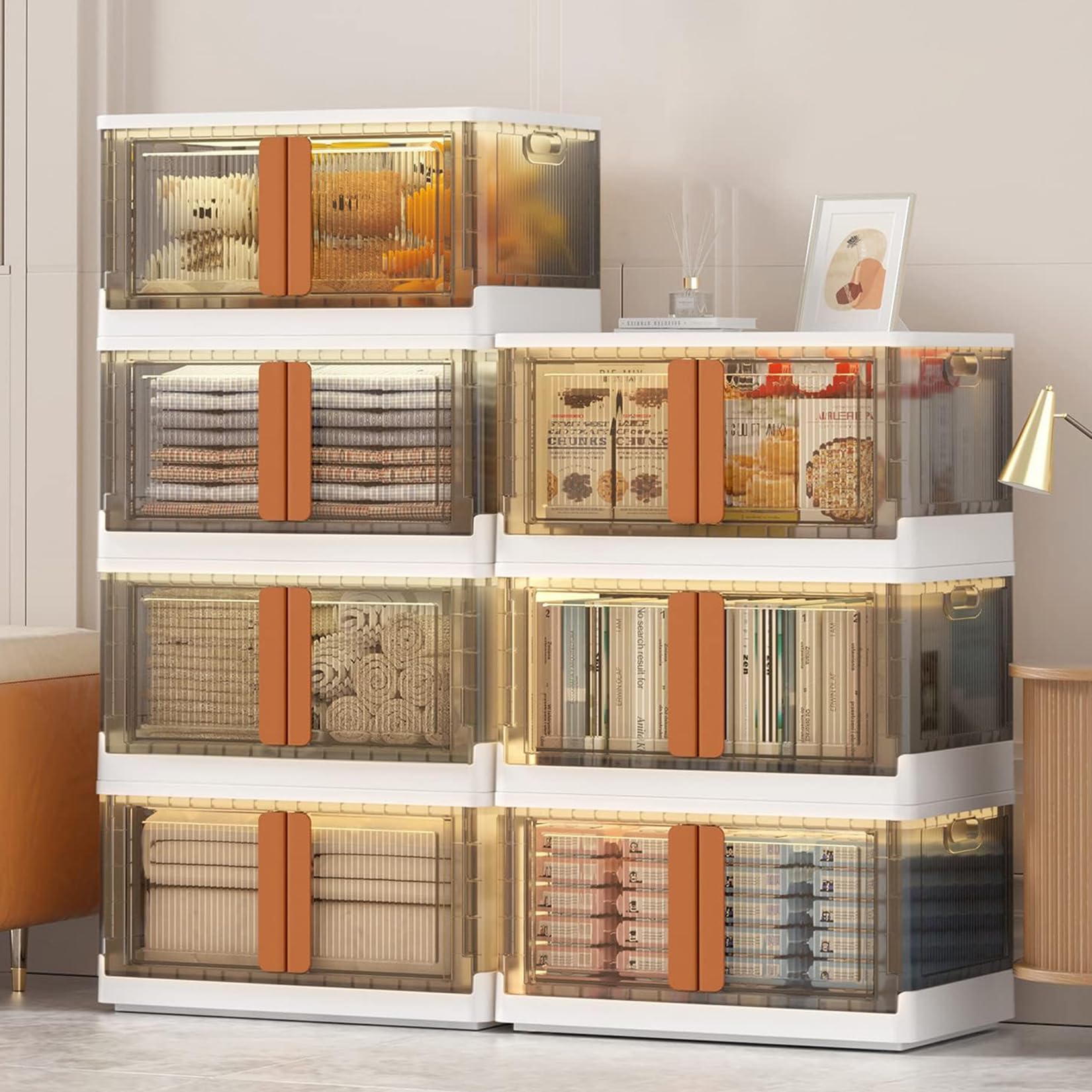 Tucorresi 3 Piece Storage Boxes, Stackable Closet Organizer, Foldable Storage Cube, Clear Organizer Boxes with Lid and Door