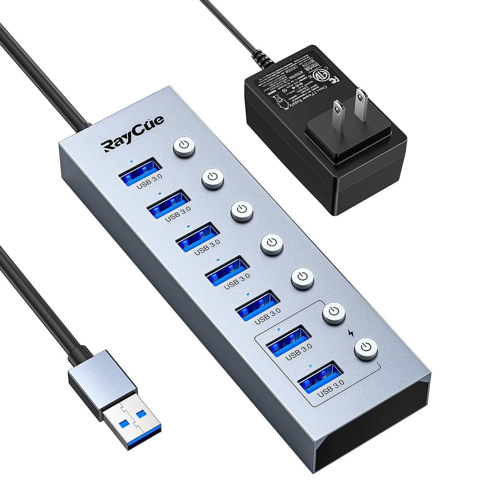 Powered USB 3.0 Hub, Aluminum 7-Port USB Data Hub Splitter with 5V/3A AC Adapter and Individual On/Off Switches, USB Hub Powered Charging for MacBook Pro/Air, PC, Laptops, Surface Pro,HP, etc