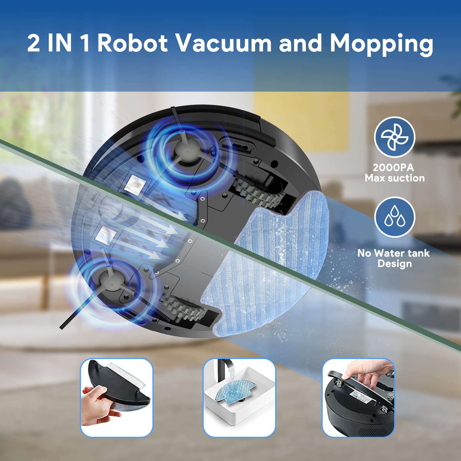 Bagotte Robot Vacuum and Mop Combo, 2000Pa Suction 2600 mAh 2 in 1 Mopping Robotic Vacuum Cleaner with Schedule, WiFi/App/Alexa, Self-Charging, No Water Tank, Ideal for Hard Floor, Pet Hair and Carpet