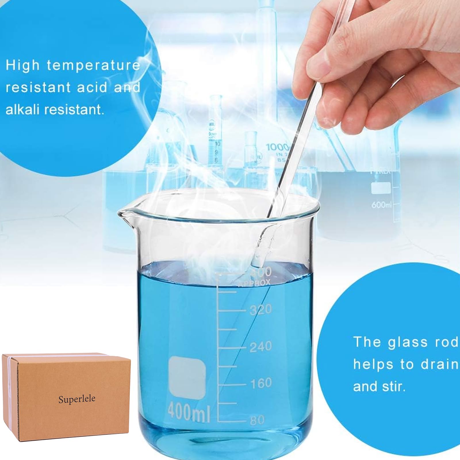 SUPERLELE 8pcs Glass Graduated Beaker Set 25, 50, 100, 200, 250, 400, 500, 1000ml, Glass Measuring Beakers with 4 Stirring Rods