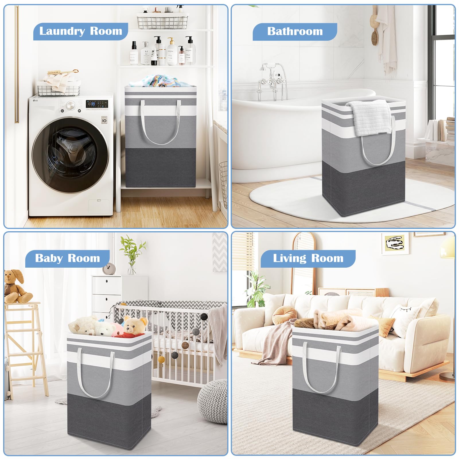 BlissTotes 3-Pack Laundry Basket, Freestanding&Waterproof Laundry Hamper, Collapsible Tall Clothes Hamper with Easy Carry Handles for Clothes, Towels in the Family and Dorm,Gradient Grey,75L