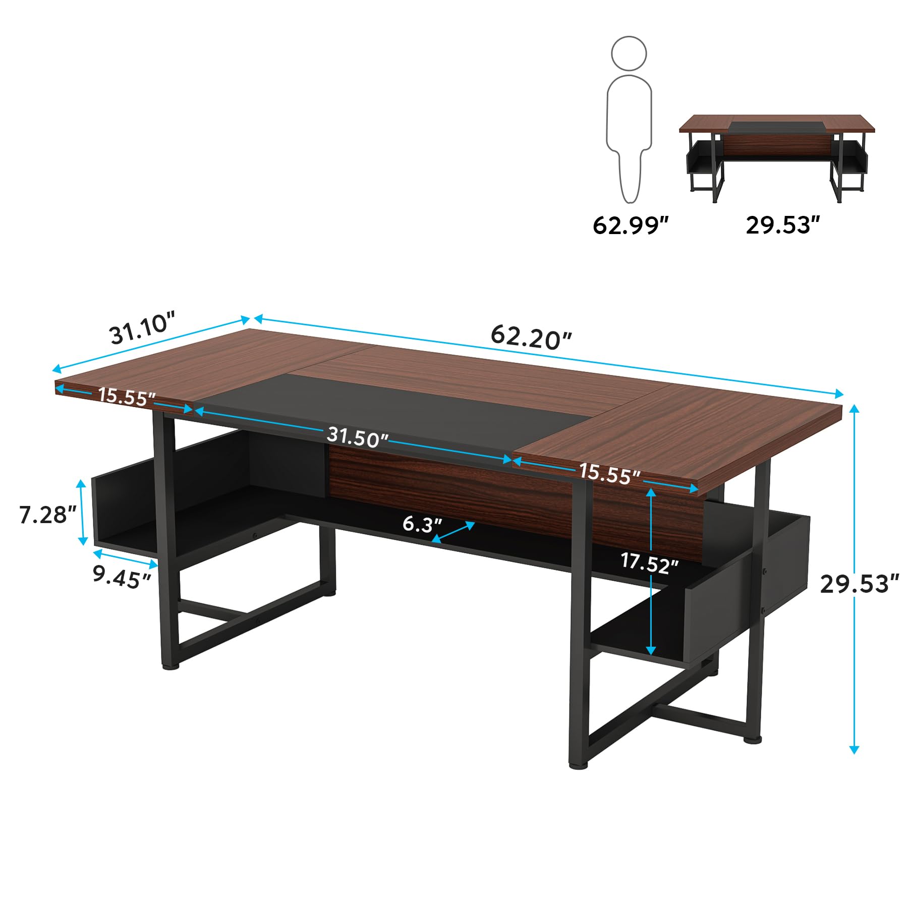 Tribesigns 62 Inch Big Computer Desk with Storage Shelves, Modern Executive Desk Workstation for Home Office Furniture, Walnut & Black
