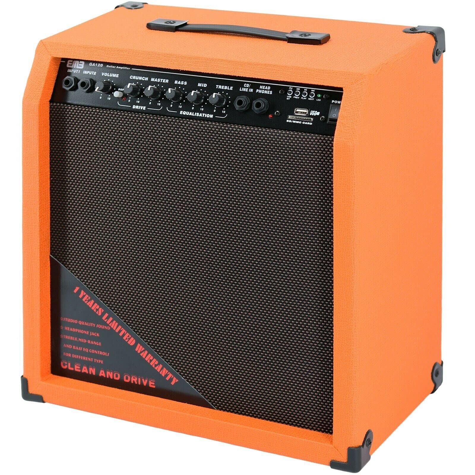 EMB GA120 600W 12" Electric Guitar Amplifier Speaker Portable Powerful Studio and Stage Cabinet PreAMP – with Built in Headphone Jack and 2 Inputs and SD USB AUX Bluetooth (Yellow)