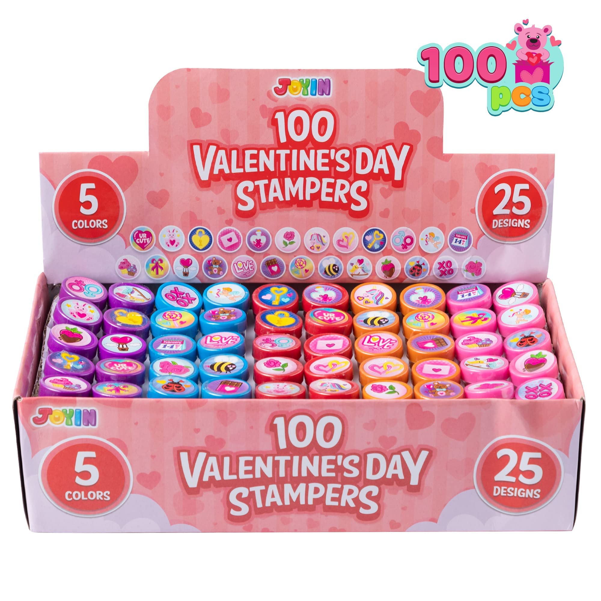 JOYIN 100 Pcs Valentine's Themes Stamper, 25 Designs Arts and Crafts Stamper for Valentines Day Party Favors, Classroom Exchanging Gifts, Classroom Holiday Reward Prizes