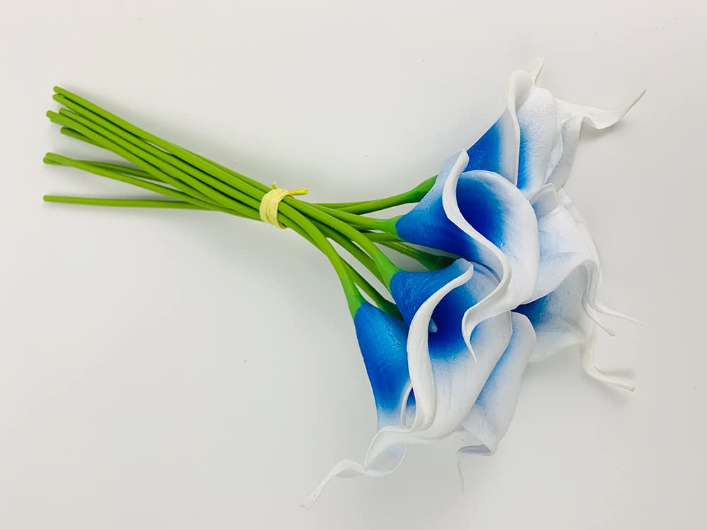Etycoo 20pcs Calla Lily Lataex Real Touch Flower Bouquet for Wedding Garden Dining Table Center Home Party Photography Decor (White Blue Core)