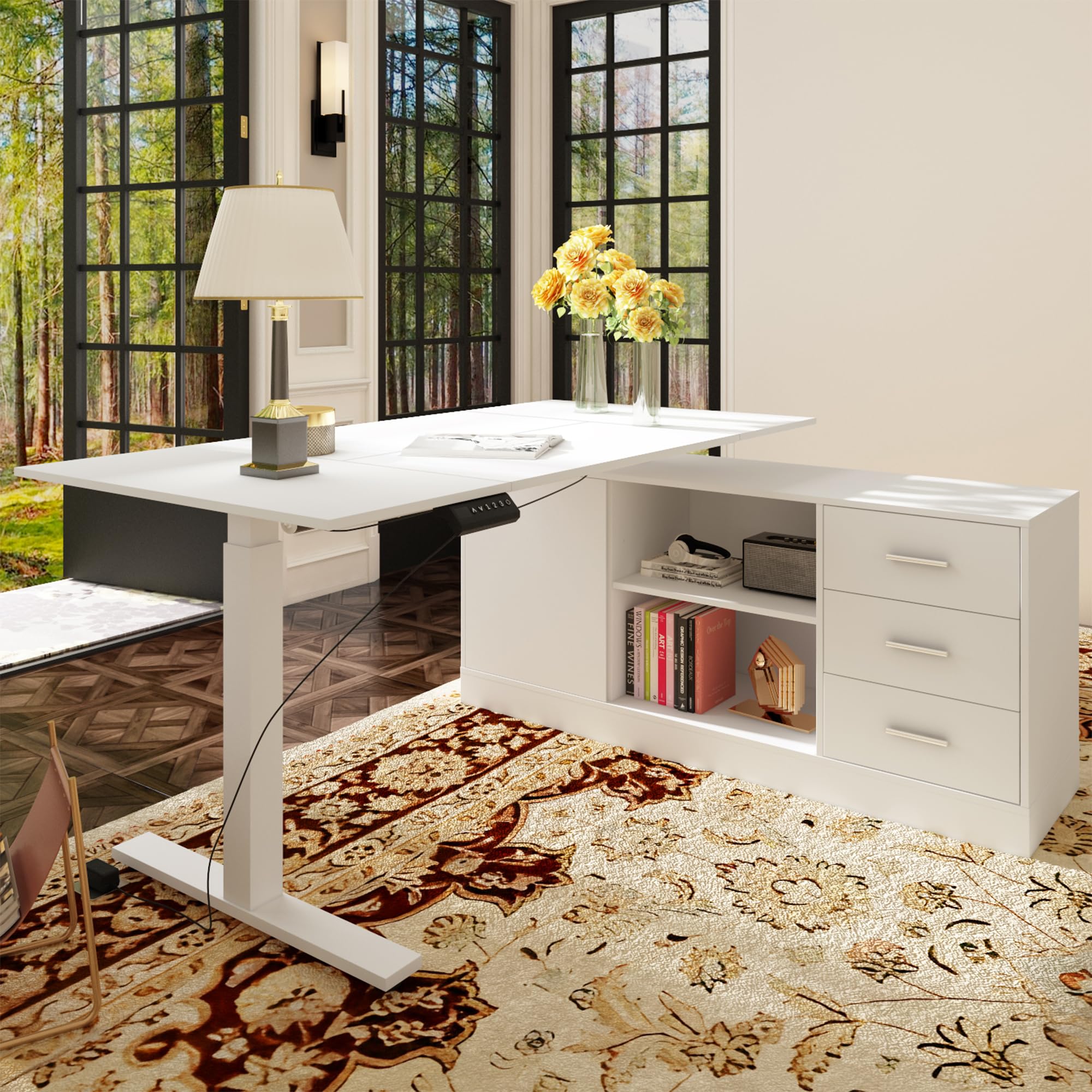 Homsee Home Office L Shaped Electric Standing Desk with Drawers and Shelves, Height Adjustable & Shape Reversible Stand up Desk, 63" Computer Desk Executive Corner Desk, White