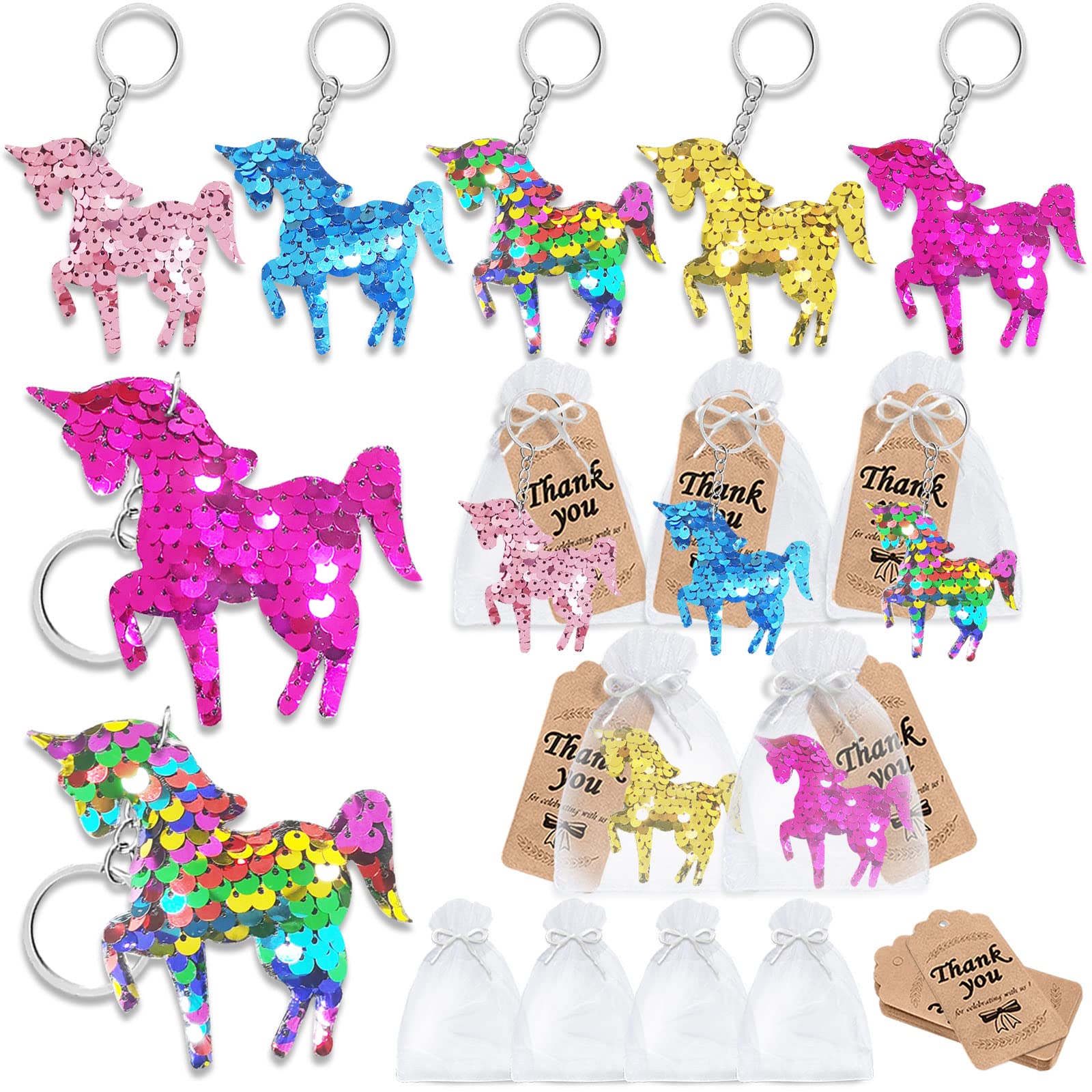CiciBear 60 Pack Double-Deck Unicorn Sequin Keychain Set with 20 Unicorn Keychains, 20 Thank You Tags and 20 Gift Bags for Forest Animal Party Favor, Kids and Adult Birthday, Baby Shower, 5 Colors
