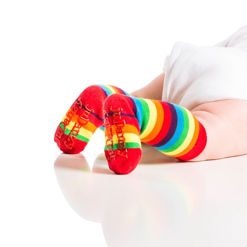 juDanzy Tall Knee High Rainbow Socks with Grips for Baby, Toddler, and Child (6-10 Years, Classic Rainbow Stripes)