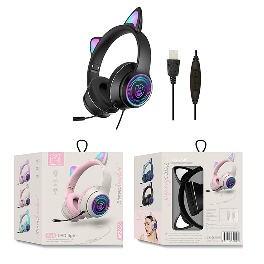 UXELY Cat Ear Gaming Headset USB Wired Headphones with Mic Foldable RGB Light Up Headphones for Laptop/Computer(Black)