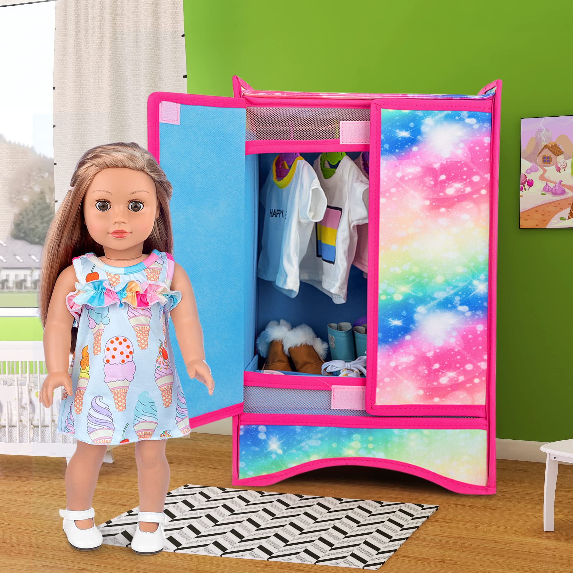 ZITA ELEMENT 18 Inch Girl Doll Accessories Closet Wardrobe Set - Including 18 Inch Doll Clothes Wardrobe, Hangers and Storage Box for Our My Generation Life Doll Accessories