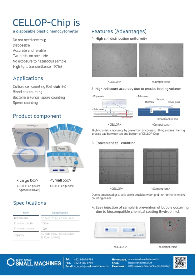 Cellop-Chip Neubauer Improved (NI) Disposable Hemocytometer, Counting Chamber, 10µL Chamber Volume, 1.6mm Thickness (50ea/Box)