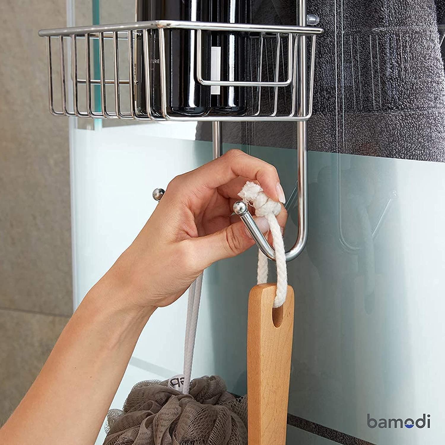 Bamodi |2-Tier Stainless Steel Shower Caddy-Hanging Shower Rack-Bathroom Organizer for Accessories-Rustproof Stainless Steel-2 Towel Hooks-27.56" DX8.27 WX7.28 H(Chrome)