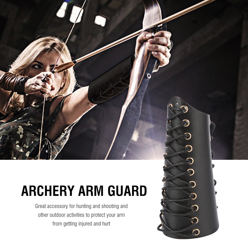 Antilog Arm Gurad, Archery Arm Guard Bracer Hunting Shooting Lace-up Leather Armguard(Black)