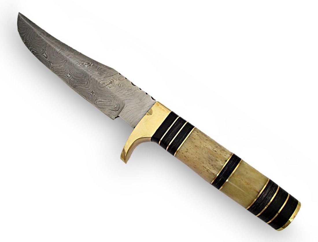 AishaTech Aegis Hunting Knife Damascus Steel Blade Bone and Wood Handle