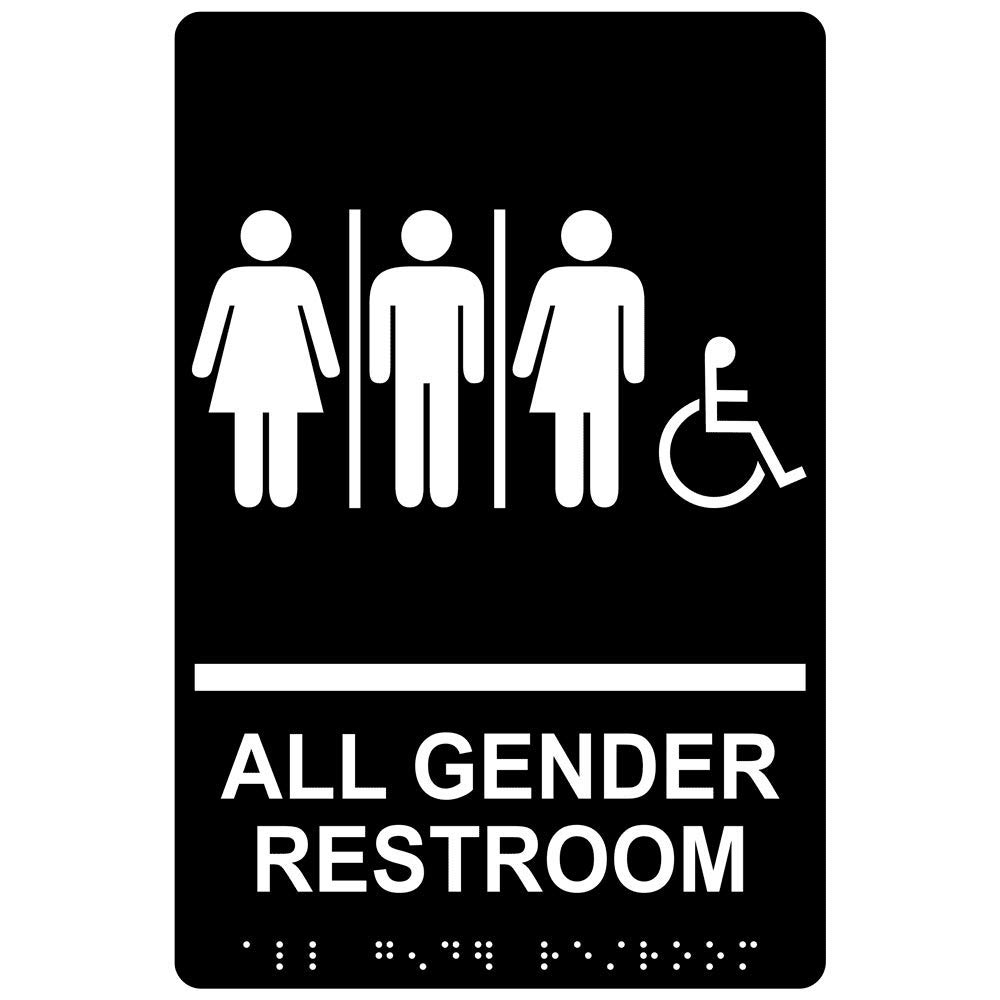 ComplianceSigns.com All Gender Restroom Sign, ADA-Compliant Braille and Raised Letters, 9x6 inch Black Acrylic with Adhesive Mounting Strips