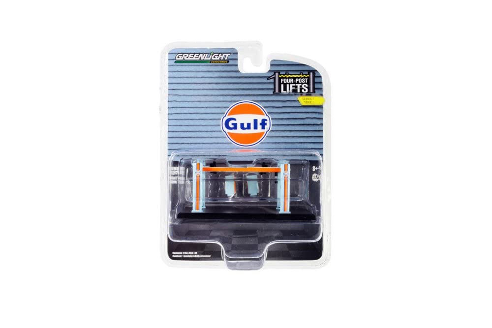 ModelToyCars Gulf Oil Auto Body Shop - Four-Post Lifts, Light Blue and Orange - Greenlight 16100B/48-1/64 Scale Diecast Accessory