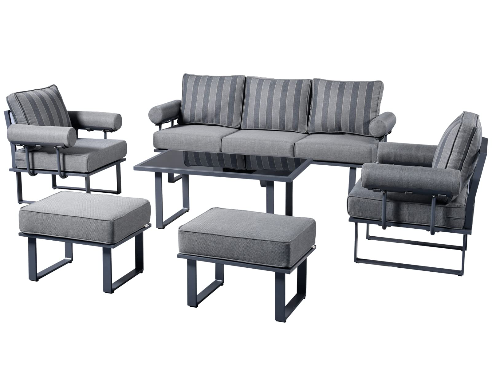 ovios Patio Furniture Set 6 Pieces Outdoor Aluminum Sofa Couch with Coffee Table Ottomans Cushions High Back Sofa All Weather Conversation Set, Black-Grey Stripe