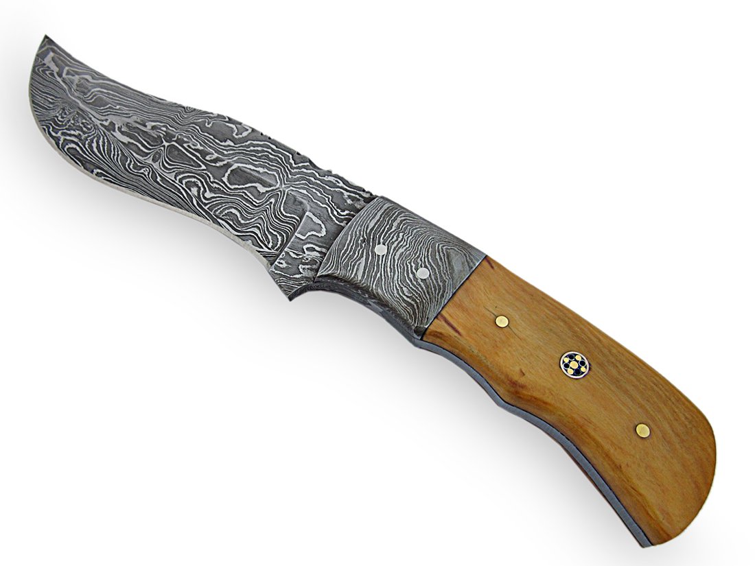 AishaTech Spiller Fixed Blade Hunting Knife Damascus Steel Blade Wood Handle