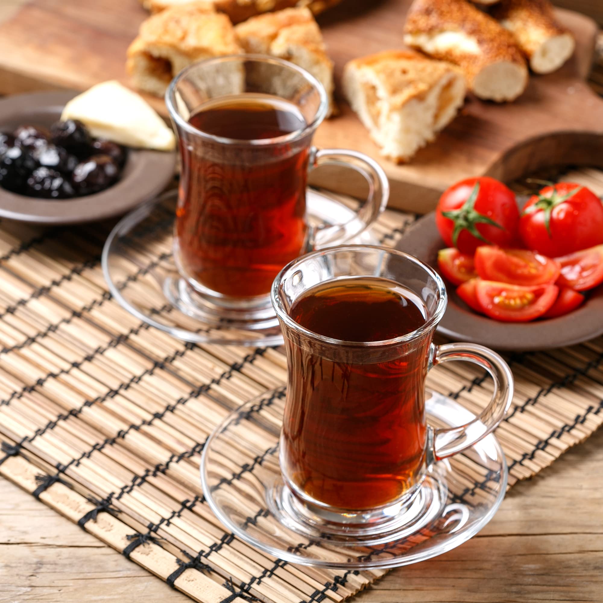 Volarium Small Turkish Tea Set 12 Piece Modern Turkish Tea Glasses & Saucers Set, 6 PCs 4.9 oz (145 cc) Clear Glass Tea Cups with Handle and 6PCs Glass Saucers