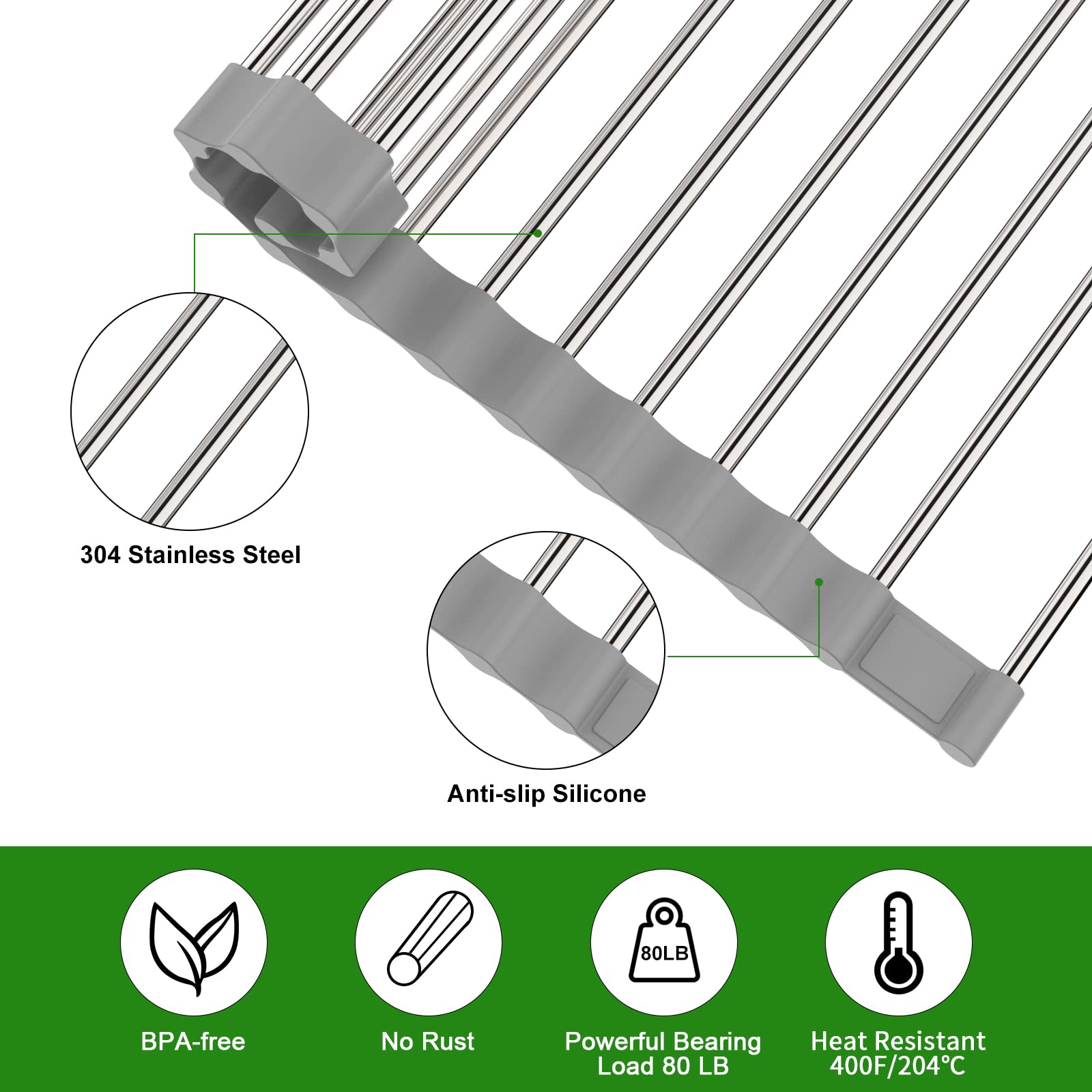 Liangmall Dish Drying Rack Expandable Up to 23.6", Roll Up Over The Sink Dish Drying Rack, Extra Large Stainless Steel Multipurpose Kitchen Sink Drainer - 23.6"(L) x 15.7"(W)
