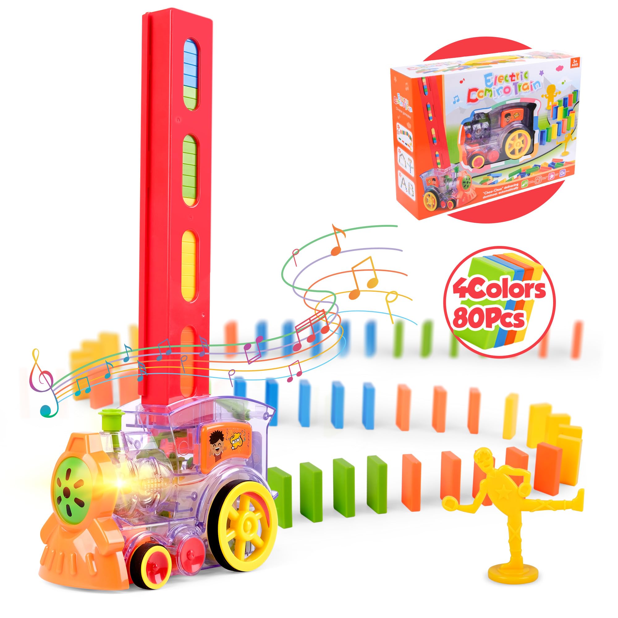 Vanmor Domino Train Toy, Automatic Dominoes for Kids, Mexican Train Musical Toys with Light, Dominos Stacker Blocks Game Toy for Toddlers Age 3-8 Gift