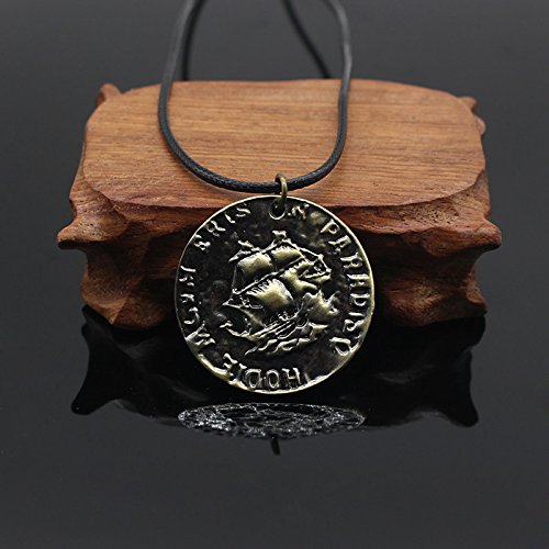 Antique Bronze Uncharted 4 Drake Engraved Skull Gold COIN Pendant Necklace,Black leather Chain