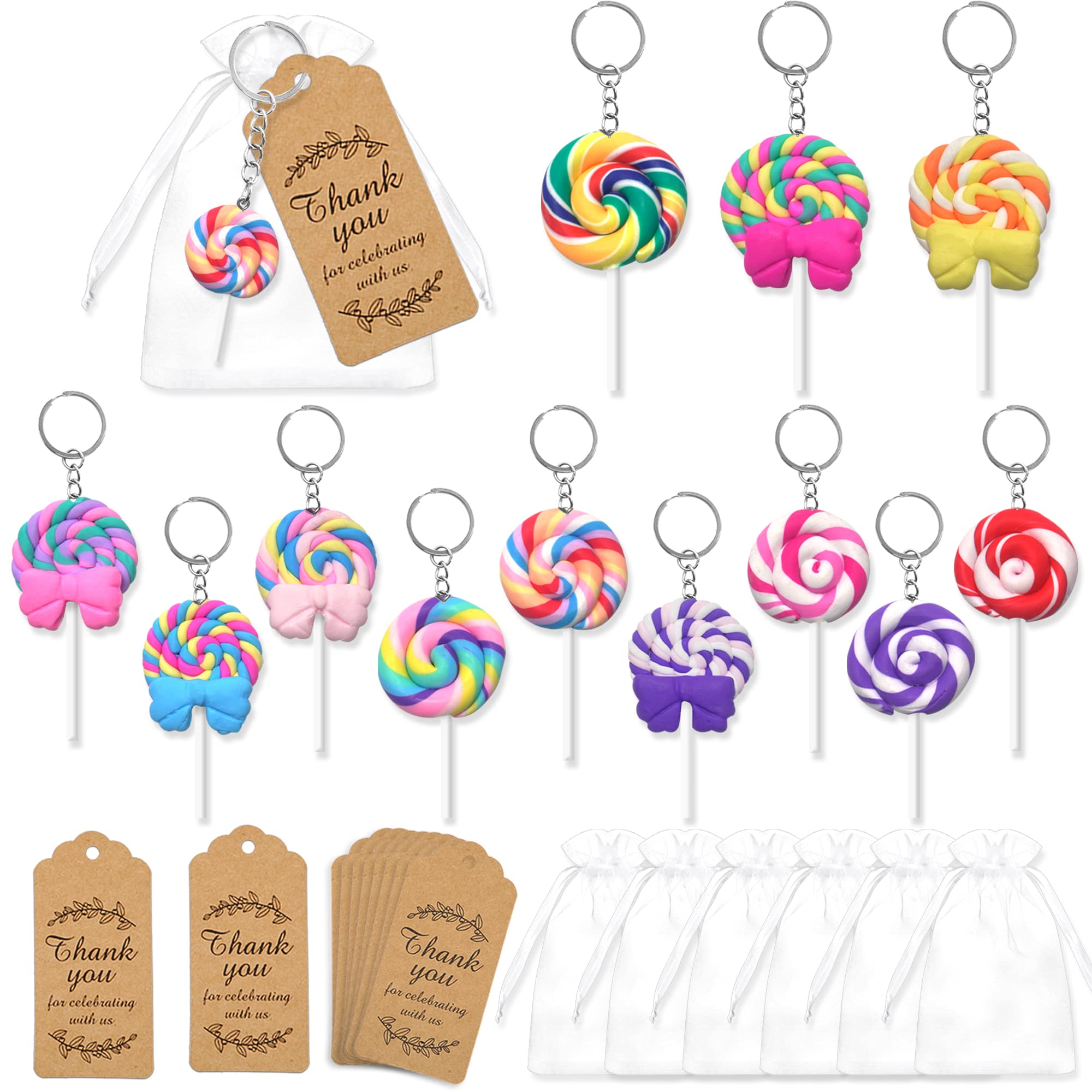 BANBALLON 12pcs Lollipops Party Favors Set with Lollipops Keychains Charms Thank You Tags and White Organza Bags for Sweet Party Favors Candyland Birthday Party Supplies Baby Shower Holiday