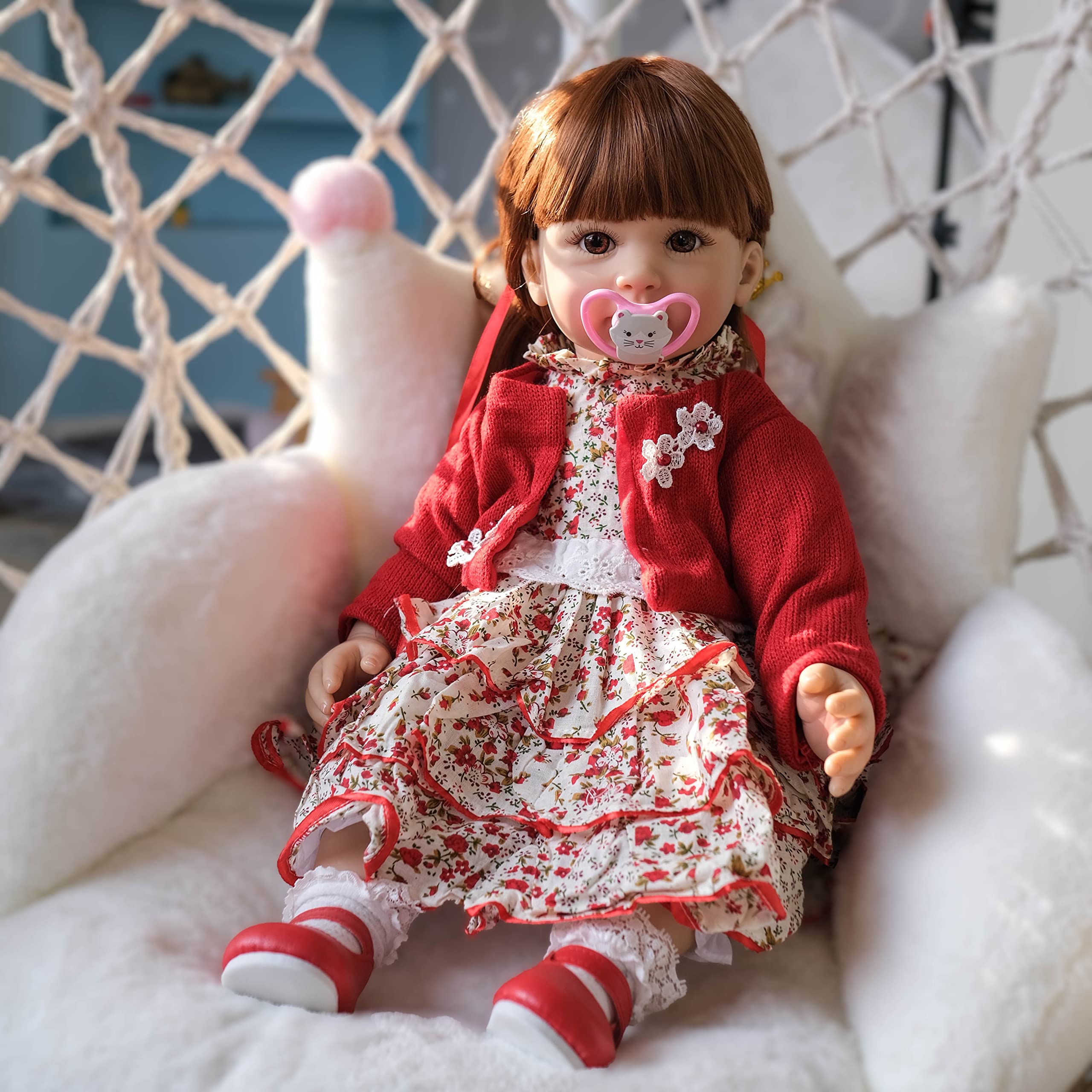 Zero Pam Lifelike Reborn Toddler Girl Doll 24 Inch Realistic Reborn Girl Dolls Weighted Newborn Baby Soft Cloth Body Long Hair Red Outfits Handmade Baby Toys Cute Plush Bear