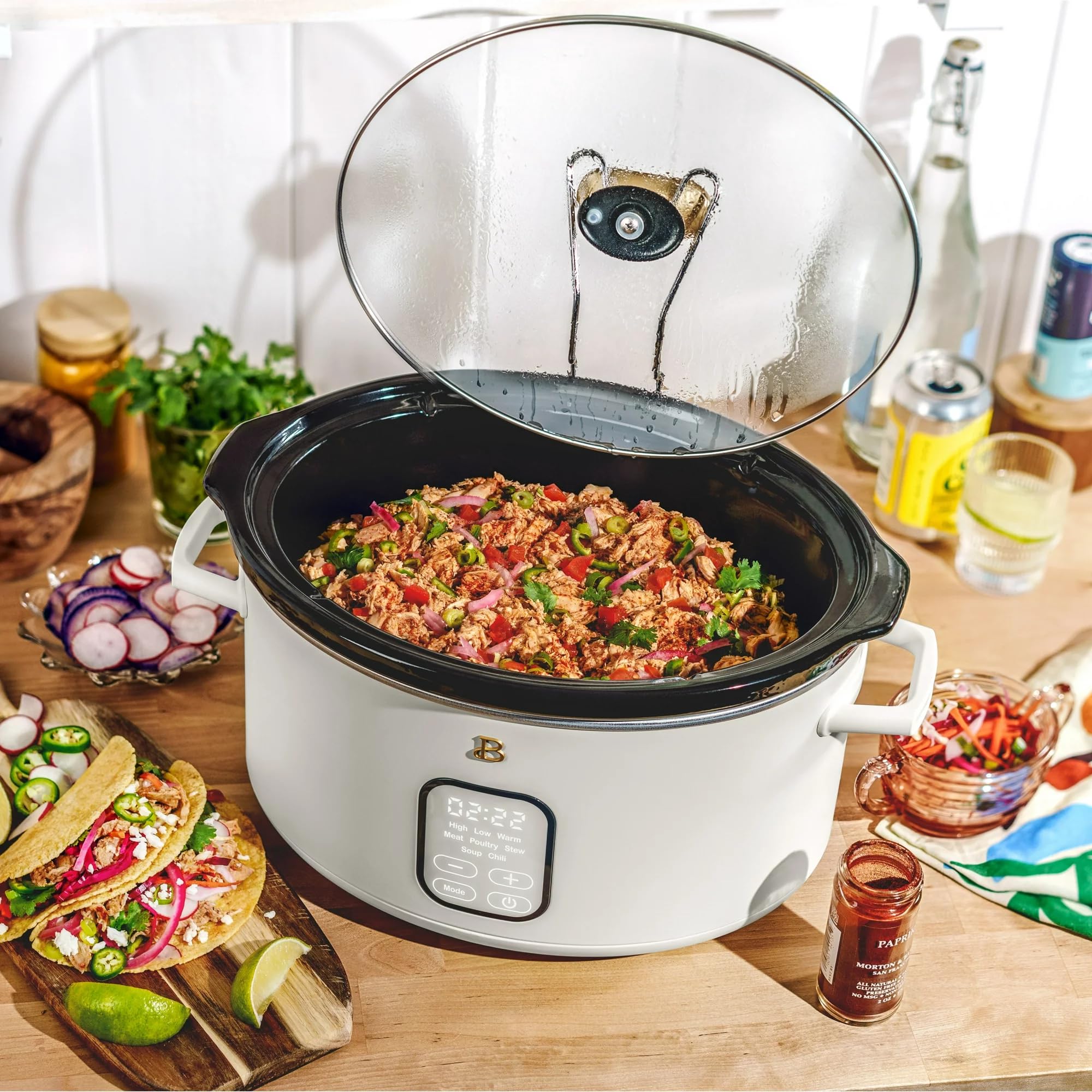 Beautiful 6 Qt Programmable Slow Cooker by Drew Barrymore - 5 Preset Cooking Functions, Digital Countdown Timer, Dishwasher-Safe Parts, and Cool-Touch Handles (White Icing)