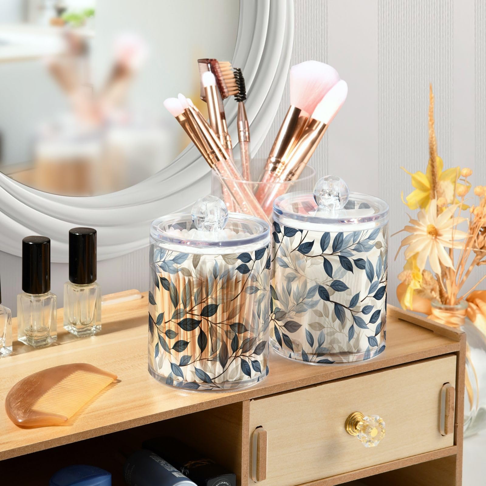 Blue Gray Leaves Qtip Holder 2Packs Apothecary Jars with Lids Cotton Ball Holder Bathroom Organizer Dispenser Plastic Jar for Floss Vanity Cotton Pad Swab Room Home Decor