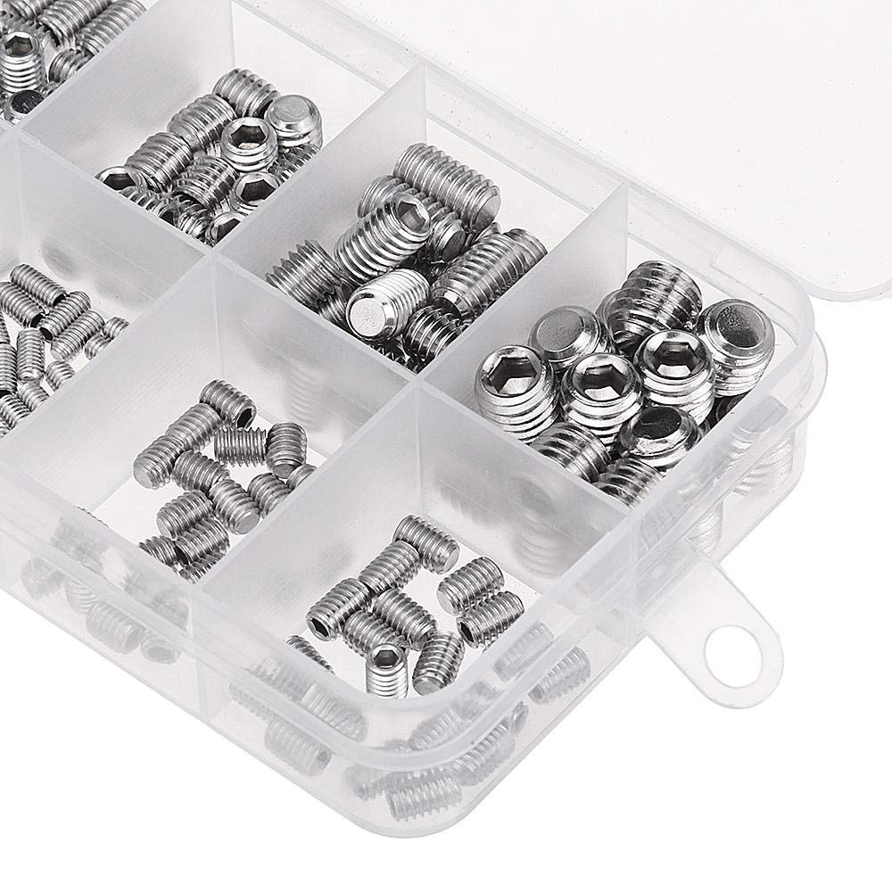 Yakamoz 200Pcs M3 M4 M5 M6 M8 Hex Allen Head Socket Grub Screw Set Stainless Steel Cup Point Metric Screws Assortment Fasteners Kits