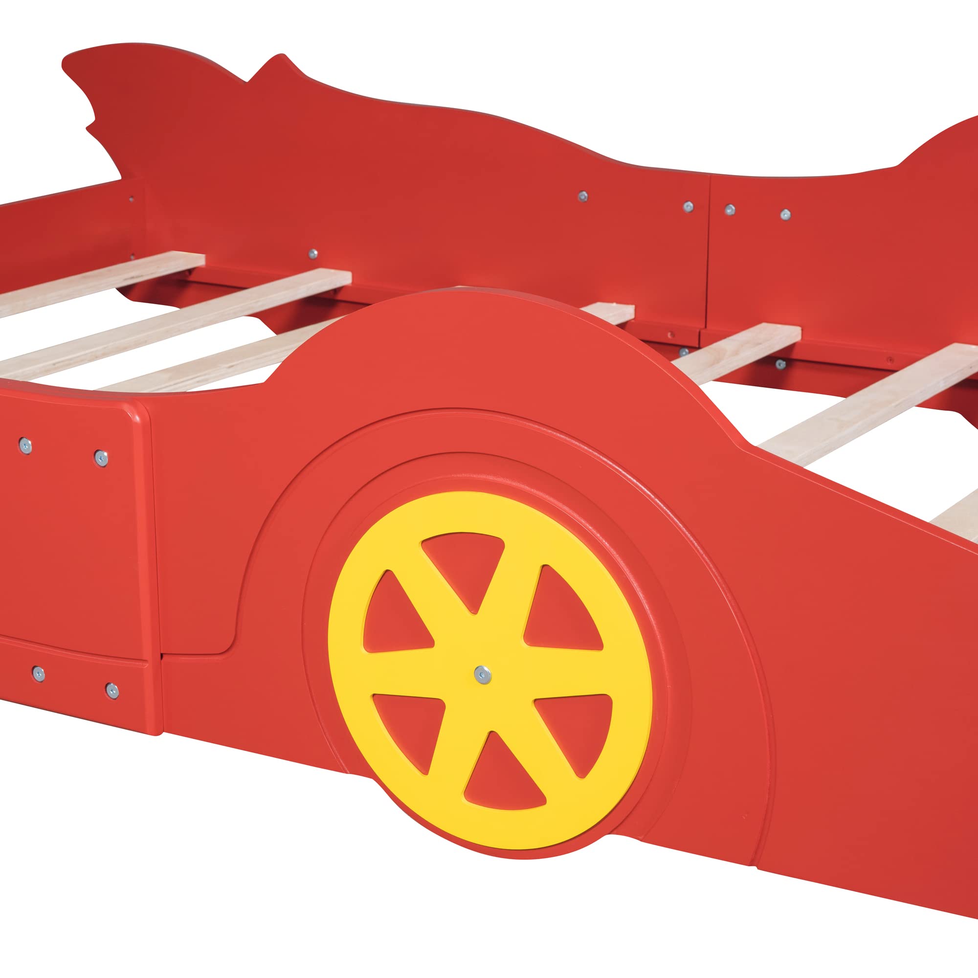 Full Size Race Car Bed for Boys, Wood Low Platform Bed Frame with Support Slats, Full Beds in Race Car-Shaped for Kids Teens, Red