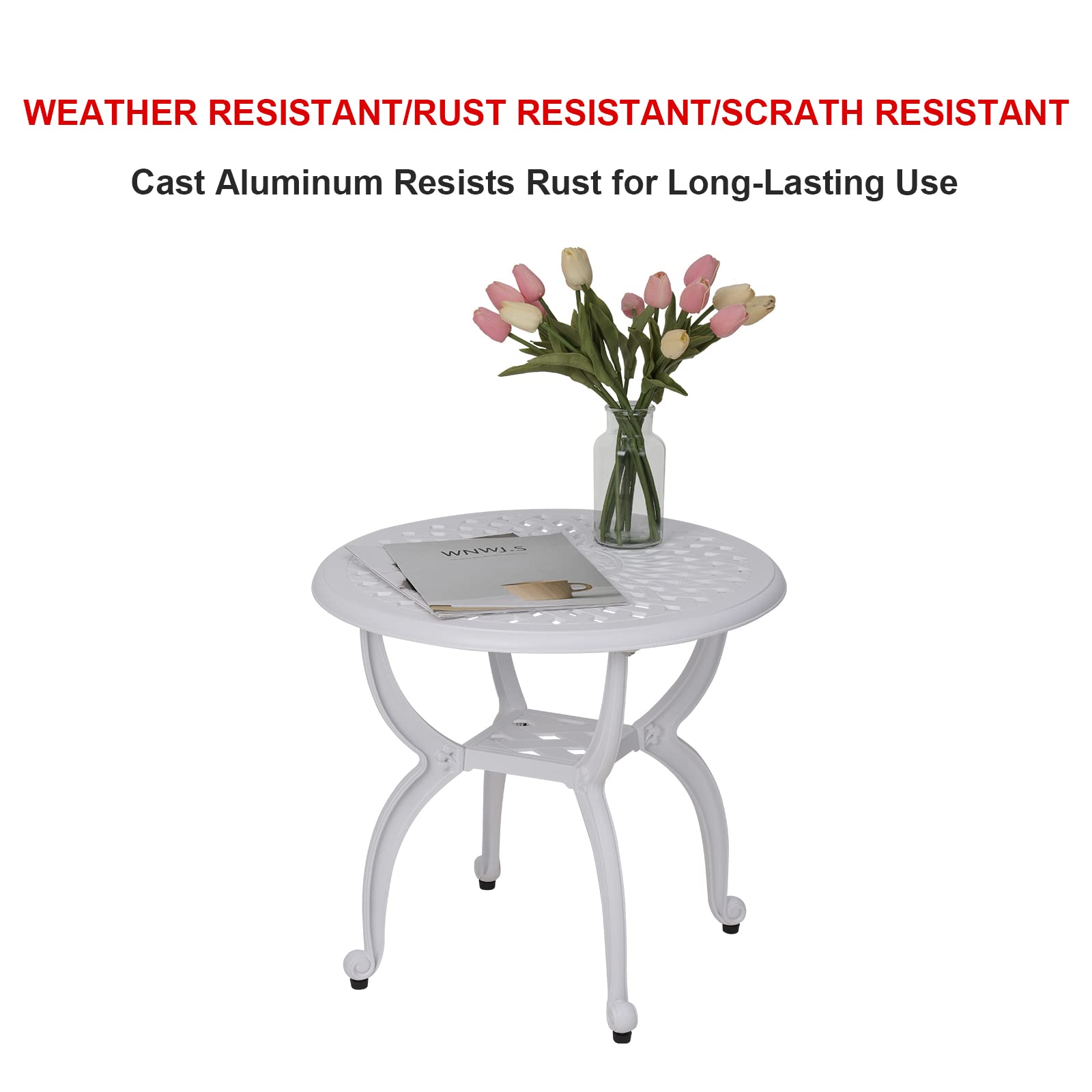 C/G Outdoor Side Tables,Cast Aluminum Patio End Tables,Anti-Rust Coffee Table for Garden Patio Lawn (Round-end Tables, White)