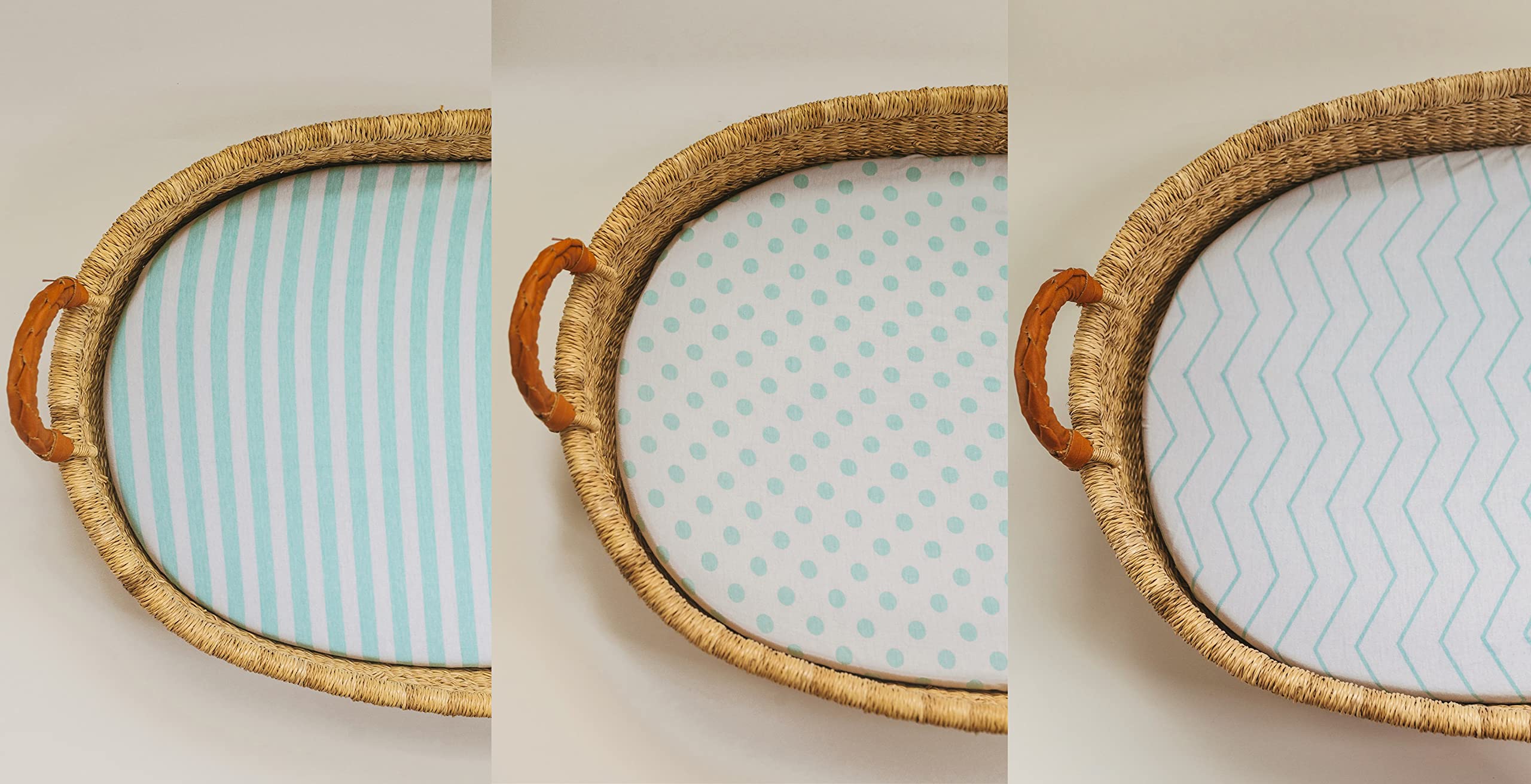 NODNAL CO. 3 Fitted Bassinet Sheets Mint Set Baby Girl/Boy - 100% Oeko-TEX Cotton - Gender Neutral Chevron Polka Dot Stripe Universal Fit - Cradle/Moses Basket Hourglass Oval Rectangle Mattress Sheet