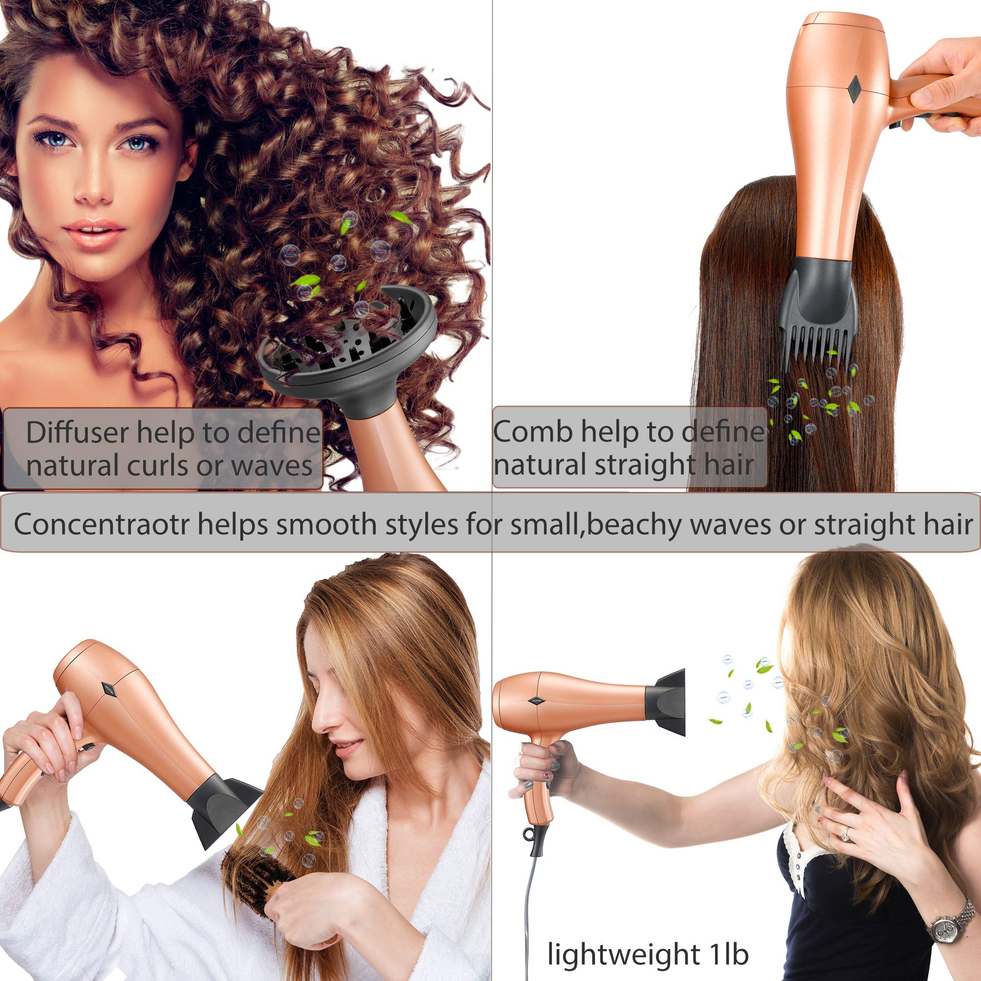 NITION Negative Ions Ceramic Hair Dryer with Diffuser(Large Size 5.3 inch) Attachment Ionic Blow Dryer Quick Drying,1875 Watt 2 Speed / 3 Heat Settings,Cool Shot Button,Lightweight,Gold