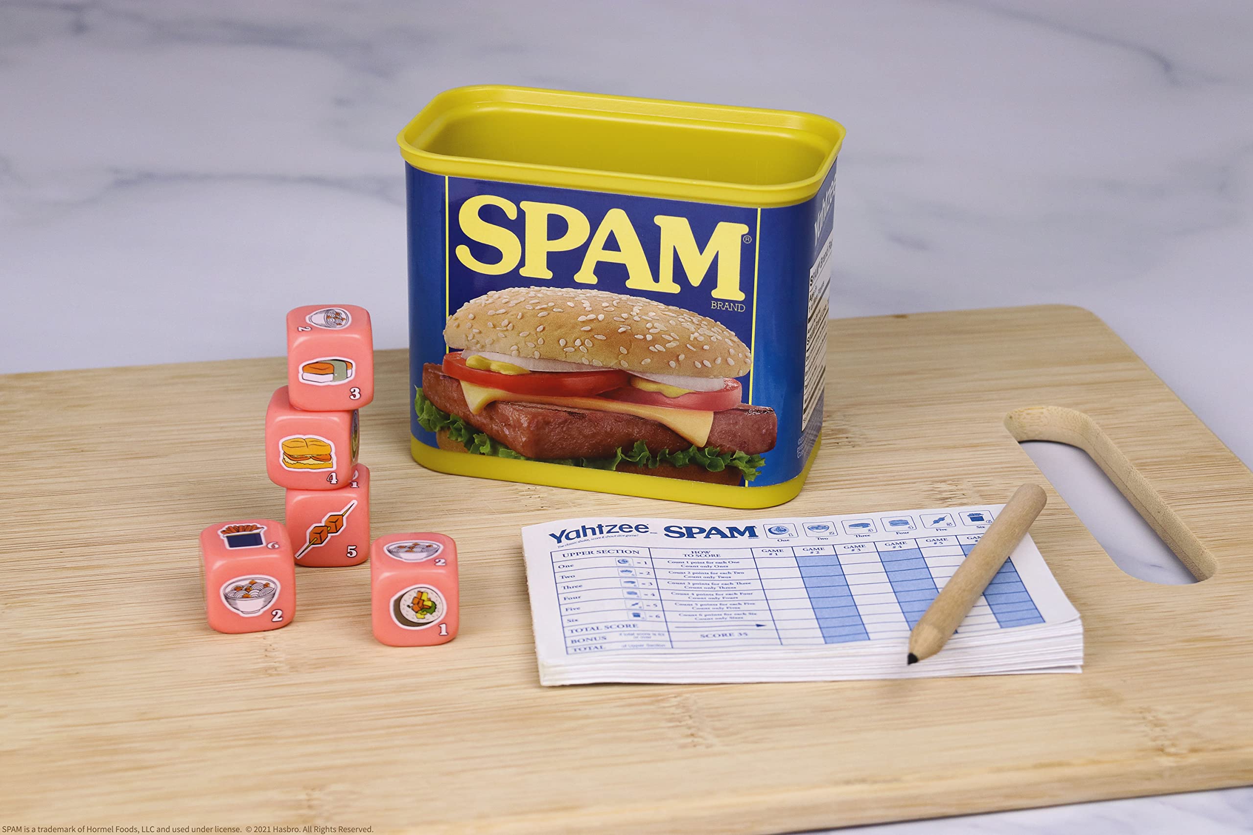 YAHTZEE Spam Brand | Collectible Yahtzee Game as Iconic Spam Can with Custom Dice | Dice Featuring Fried Spam, Spam Musubi, Spam Fries | Travel Yahtzee Game & Dice Game