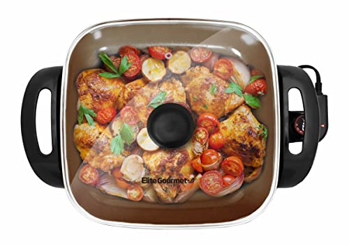 Elite Gourmet EG3033 12"x12"x2.35” Healthy Ceramic with Titanium Coated Scratch Resistant Electric Skillet, Dishwasher Safe, Rapid Heat Up, 1200W, Dark Grey, 6 Quart