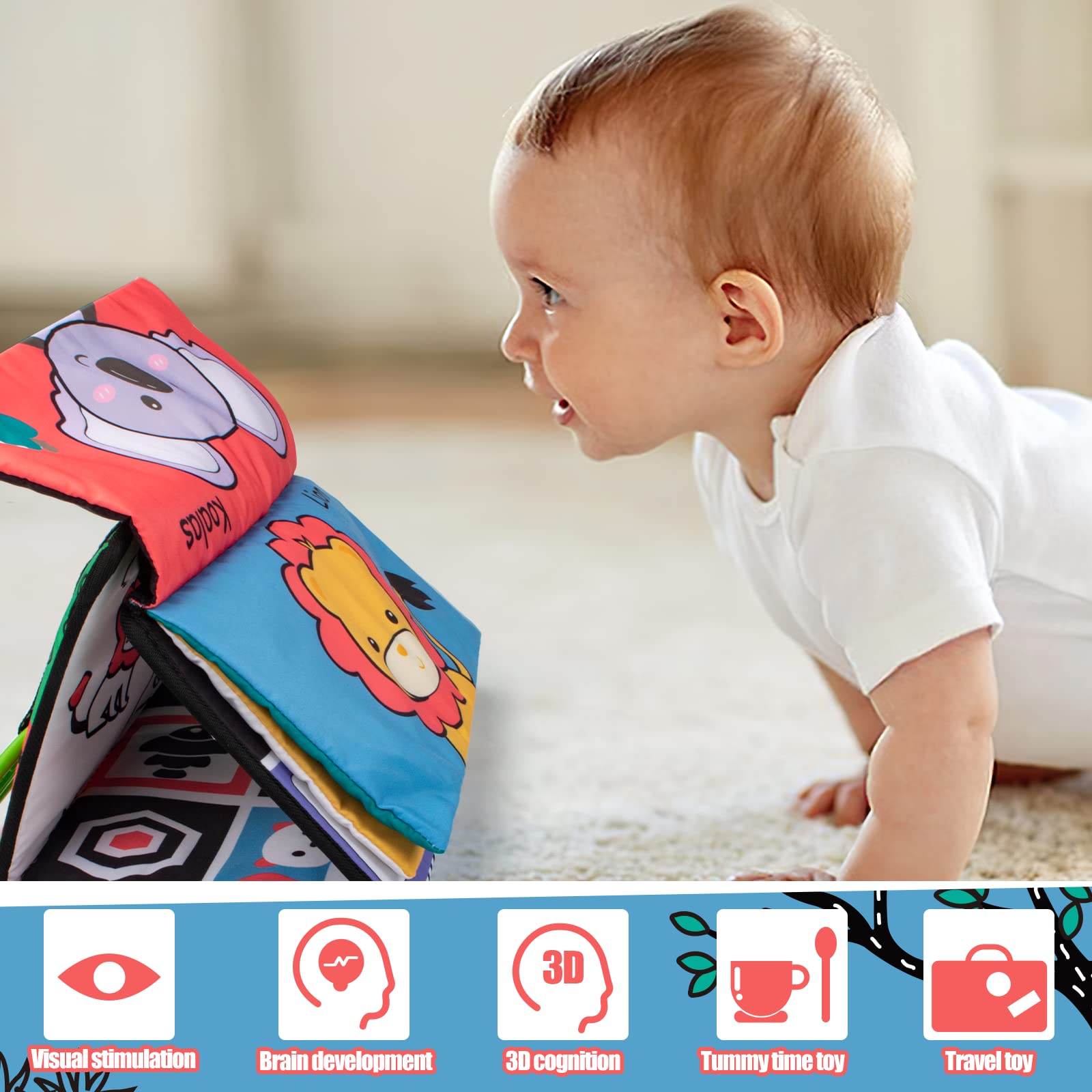 UNIH Tummy Time Floor Mirror Baby Toys with Teethers & Cloth Books - High Contrast Black & White Sensory Toy for Newborn Infant Babies Toys 0 3 6 Months
