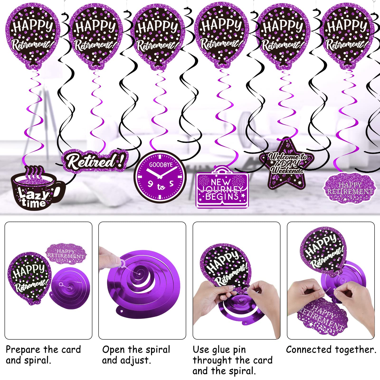 Retirement Decorations Women Purple Happy Retirement Party Decorations Female (52pack) Happy Retirement Banner Gifts, Retirement Decor Double-Sided Pattern Card, Pompoms Hanging Swirl Retired Sash Set
