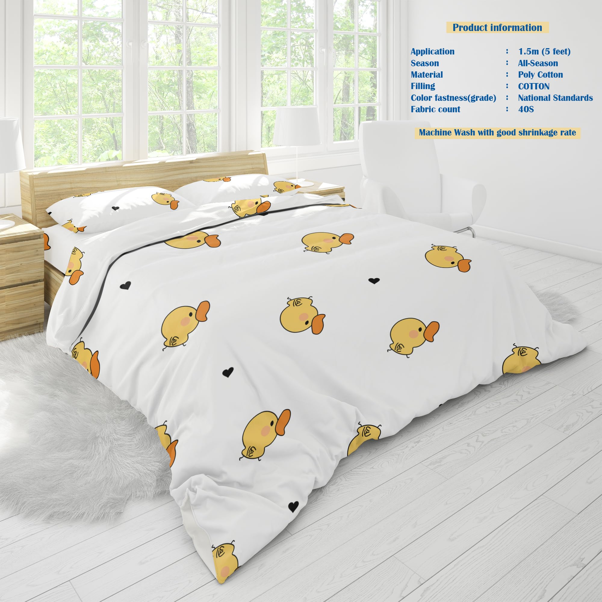 Peripus Duvet Cover Queen Size Bedding Sets β 4 Piece Machine Wash Bed Set with 1 Duvet Cover, 1 Bed Sheet & 2 Pillow Case, Polyester Fabric for All Seasons (Happy Duck)