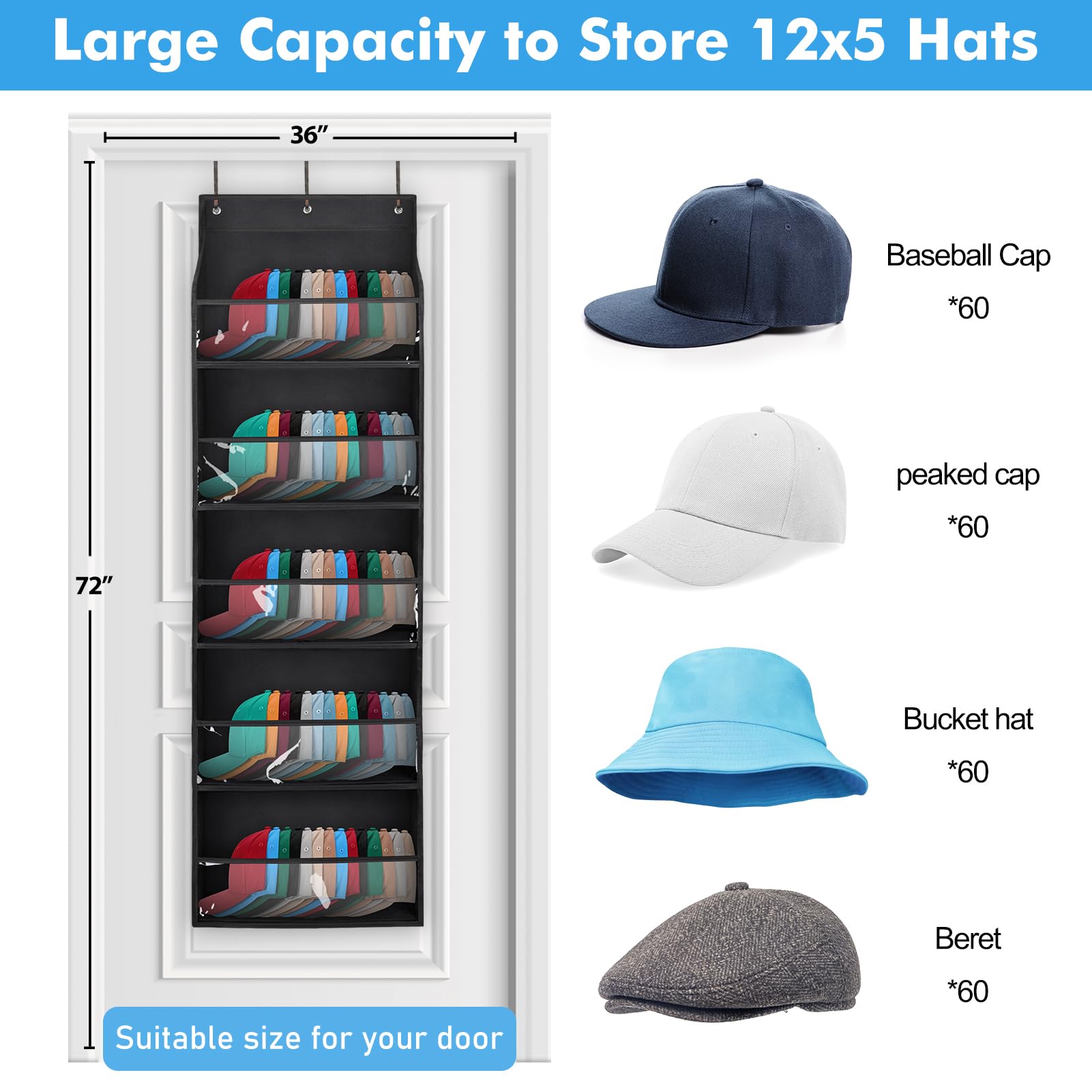 AROUY Hat Rack for Door-Hat Organizer for Baseball Caps-Baseball Hat Storage Organizer Clear Deep Pockets for Hanging in Closet or on Wall, 5 Tiers, Holds At Least 60 Hats, with 3 Hooks