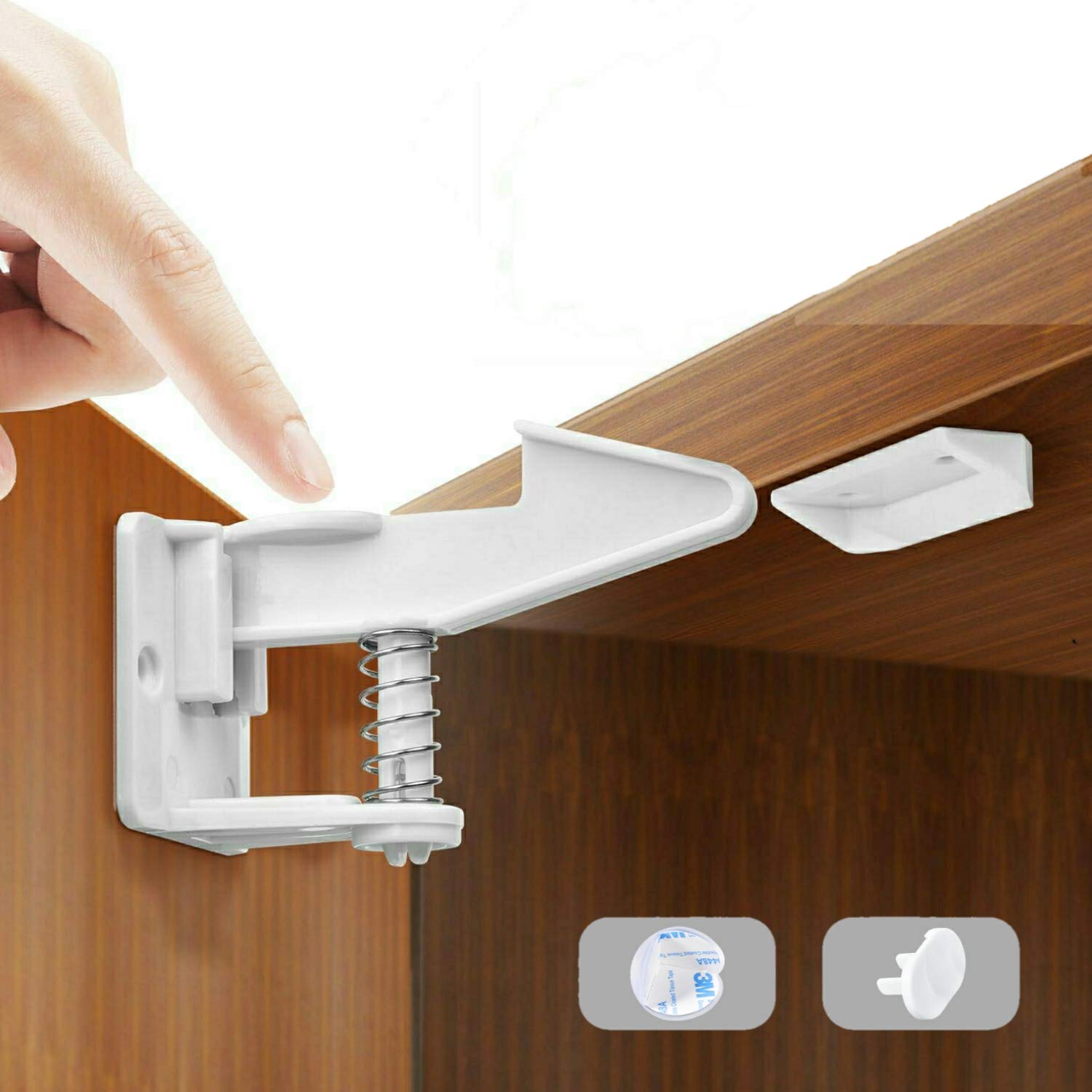 Mybabyly Baby Proofing Cabinet Locks â 12 pcs No Drill Baby Proofing Locks for Cabinets and Drawers with 4 Corner Protectors and 2 Covers â Adhesive Baby Cabinet Safety Latches - White