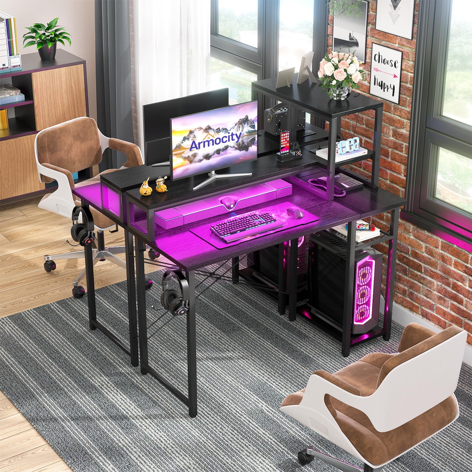 armocity 2024 Upgrade Gaming Desk with LED Lights, Small Computer Desk with Long Monitor Stand, 40'' Reversible Laptop Table with Storage Shelves, Small Desk for Small Spaces, Gaming Room, Black