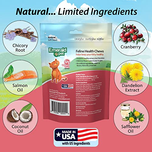 Emerald Pet Feline Health Chews UT Support β Natural Grain Free Urinary Tract Health Cat Chews β Cat Urinary Supplements with Cranberry, Chicory Root, and Dandelion Leaf Extract β Made in USA, 2.5 oz