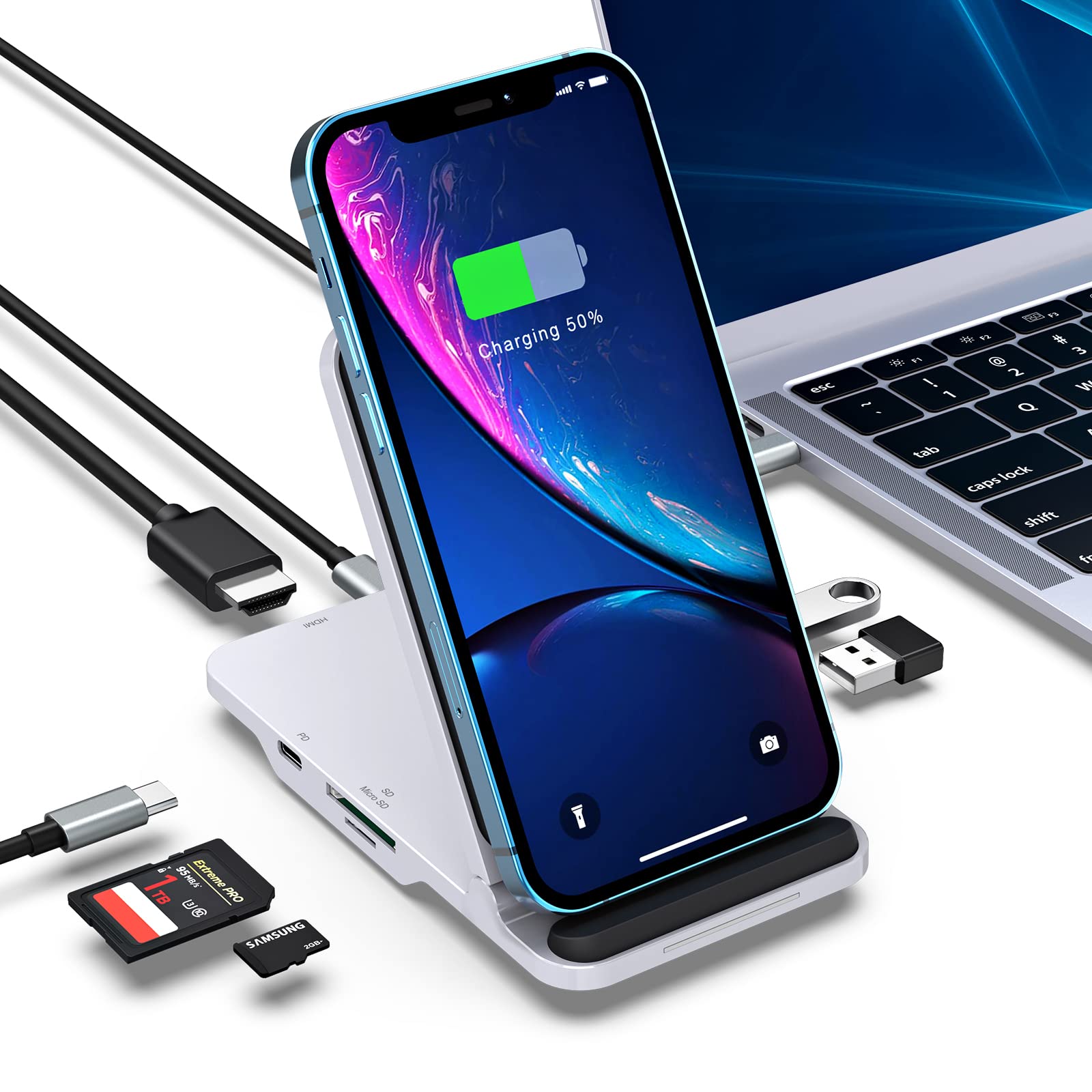 cplus 15W Mobile Wireless Charger & 7 in 1 USB C Hub for iPad Pro/Air 2021 2020, MacBook, Multiport Adapter for Type C Devices (4K HDMI USB3.0 SD/TF Card Reader 100W PD) (White)