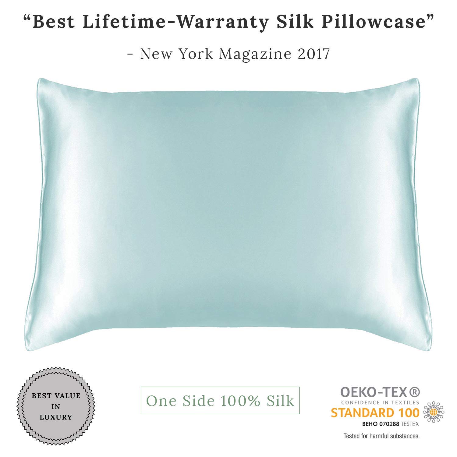 MYK 100% Pure Natural Mulberry Silk Pillowcase, 19 Momme with Cotton Underside for Sensitive Skin, Travel Size (12"x19"), Light Blue